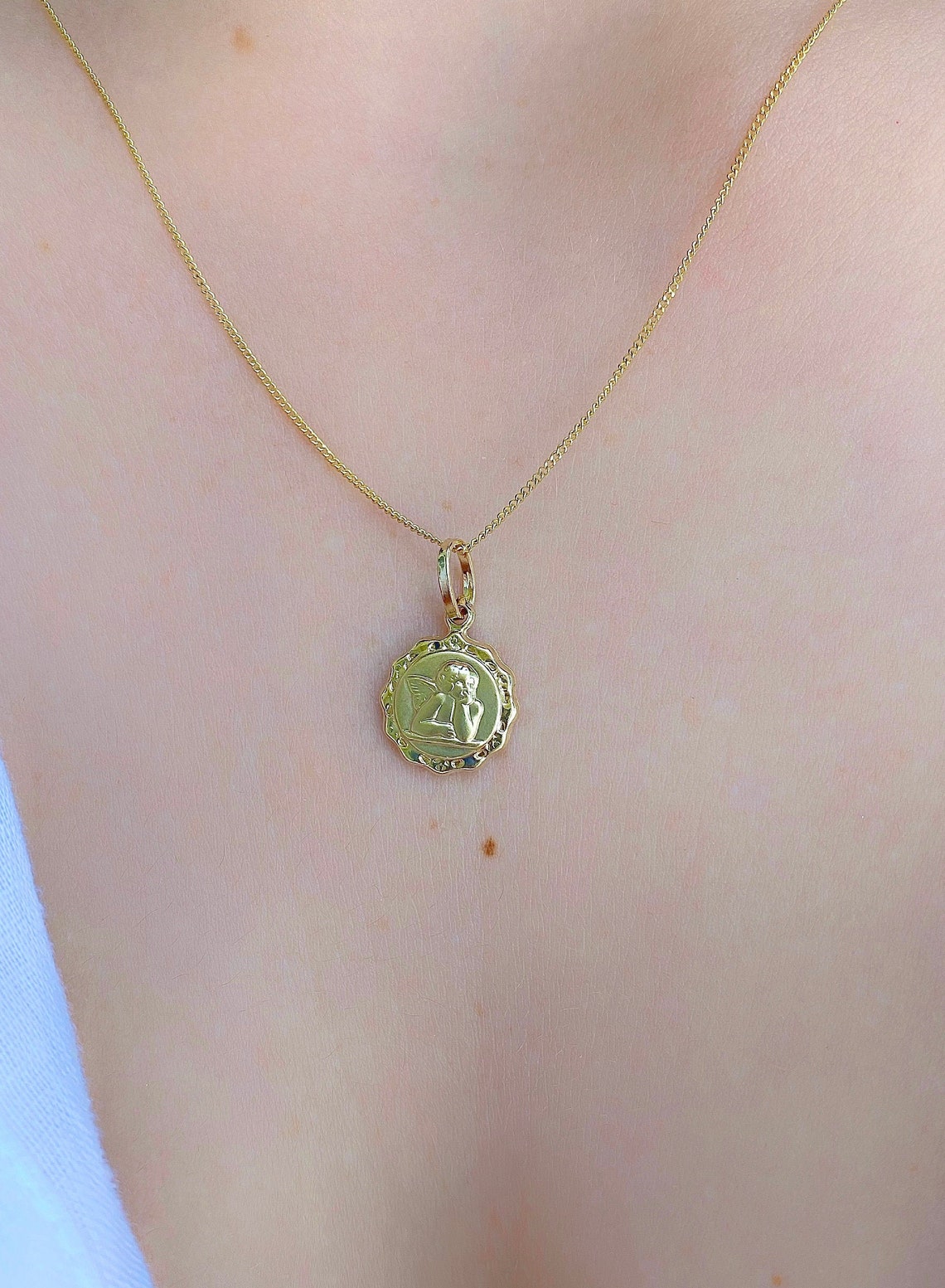 14k Solid Gold Guardian Angel Charm, Gold Baby Angel Medal Pendant ...