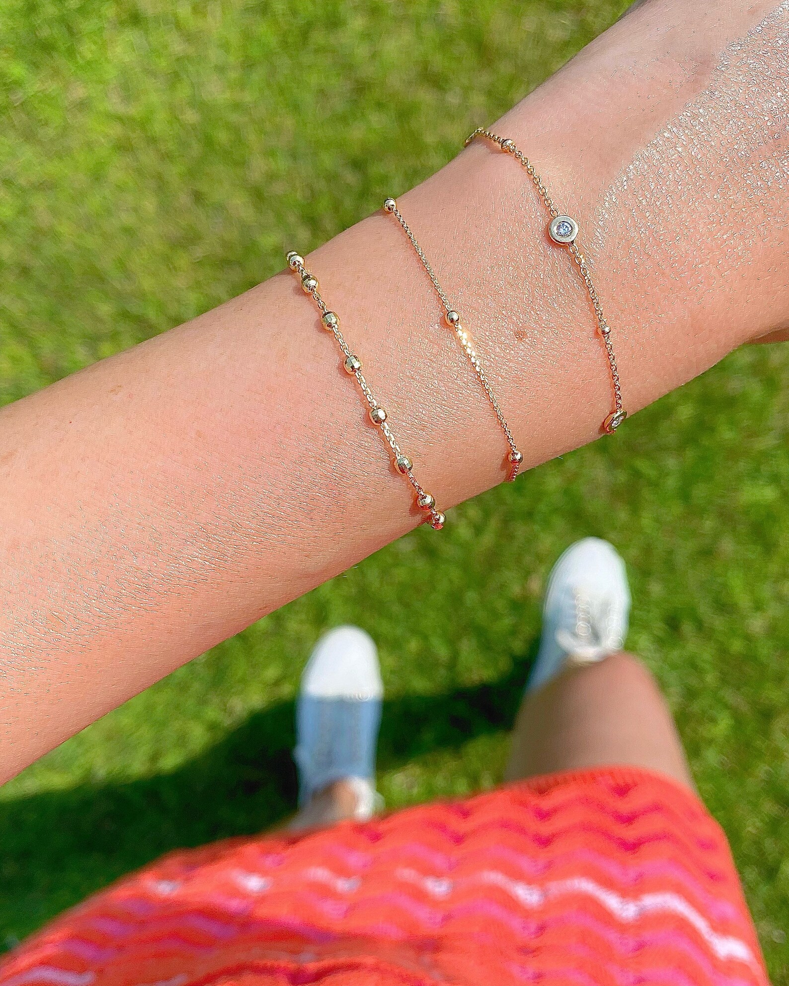 Tiny Gold Bracelet| 2.5mm Diamond Cut Bead Adjustable Chain Bracelet in ...