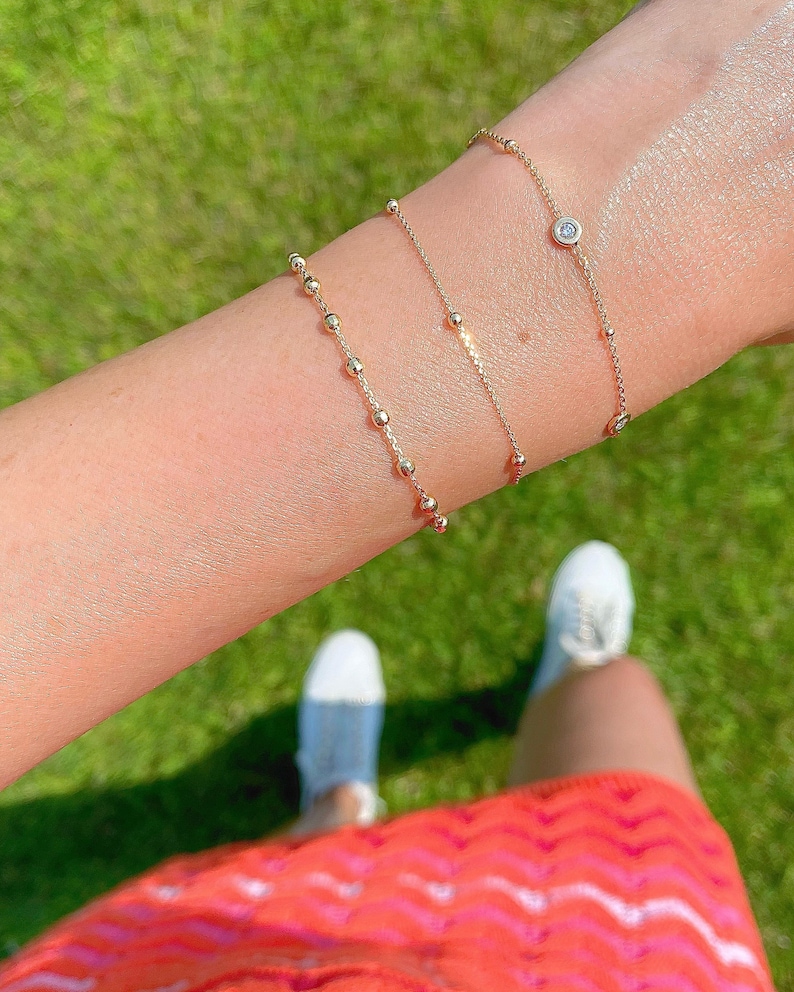 Tiny Gold Bracelet| 2.5mm Diamond Cut Bead Adjustable Chain Bracelet in ...