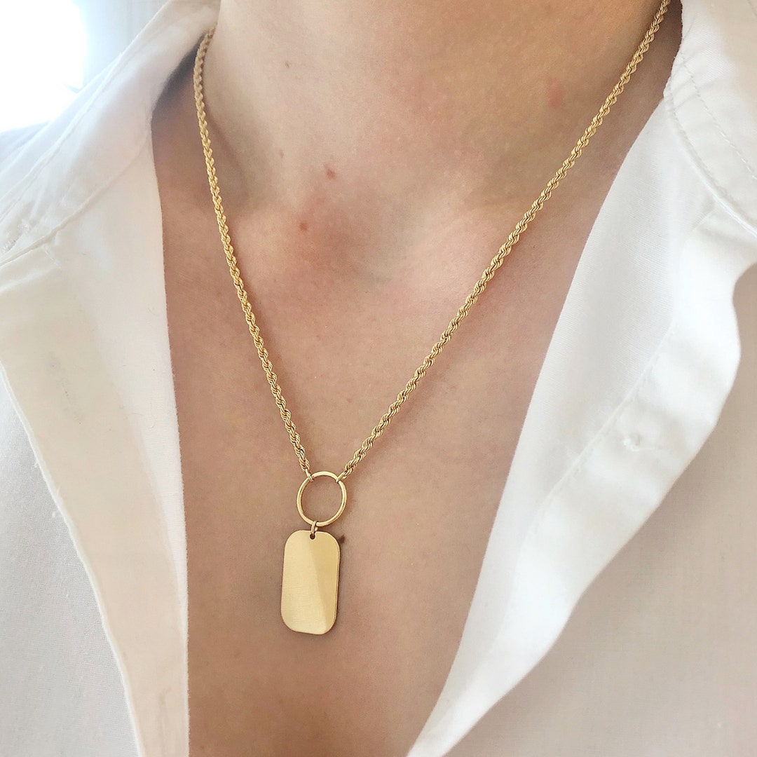 Solid 14k Yellow Gold Tag Necklace, 10mm Dog Tag Disc Pendant, Custom ...