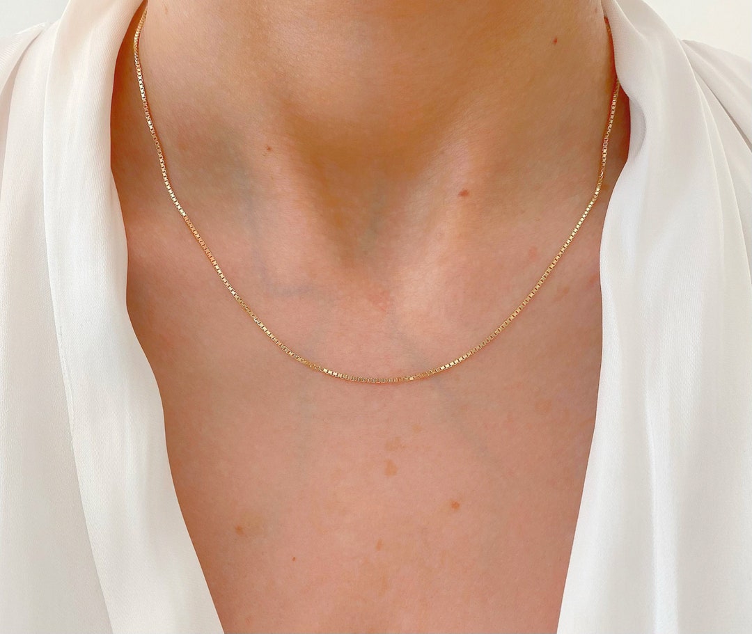 14K Solid Yellow Gold Fine Box Chain Necklace| Women's 1mm Length 16 ...