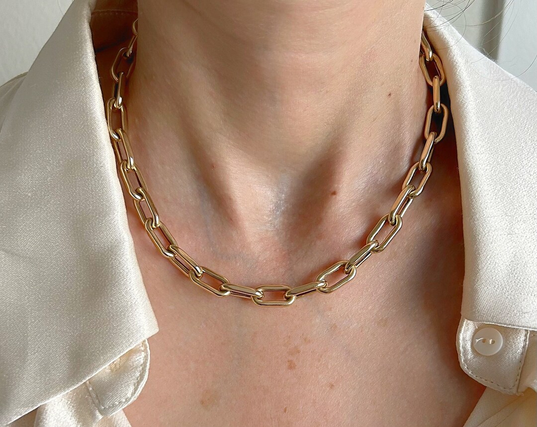 Paperclip Necklace| 14K Gold Solid Paperclip Link Necklace| Thick Gold ...