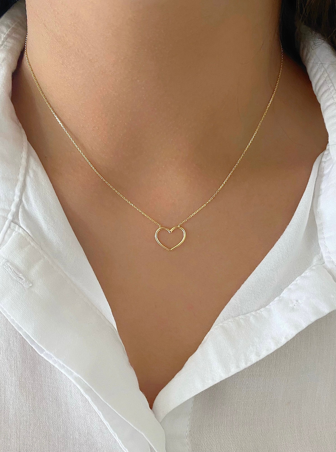 Small Heart Necklace| 14K Solid Plain Open Heart Necklace Pendant With ...