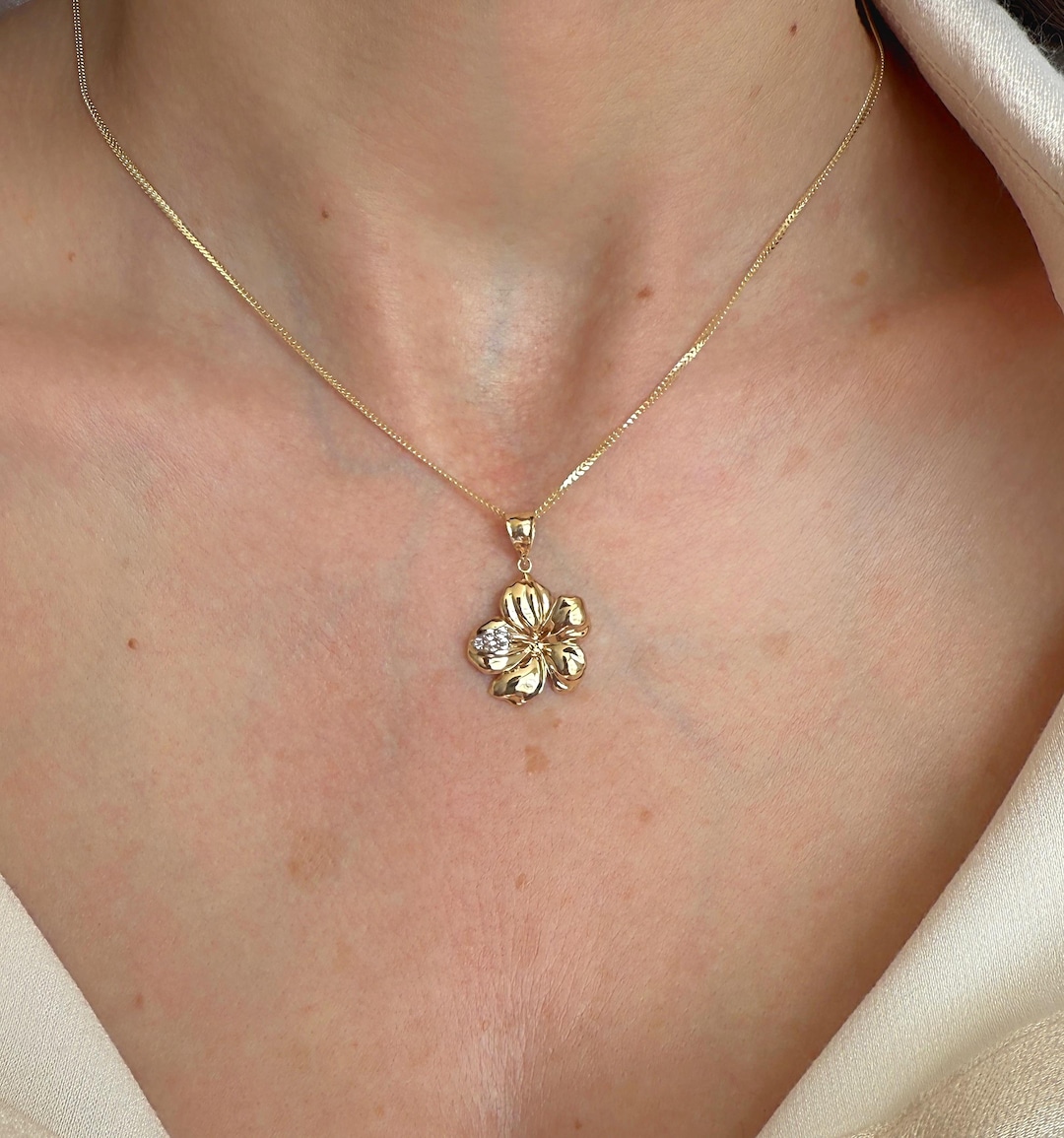 14K Solid Yellow Gold Hibiscus Pendant| Hibiscus Charm| Flower Charm ...