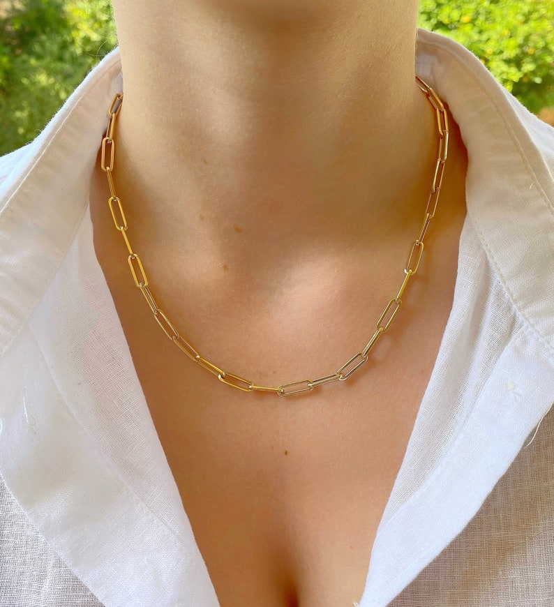 14k Yellow Gold Rectangular Link Chain 14k Gold Paper Clip | Etsy