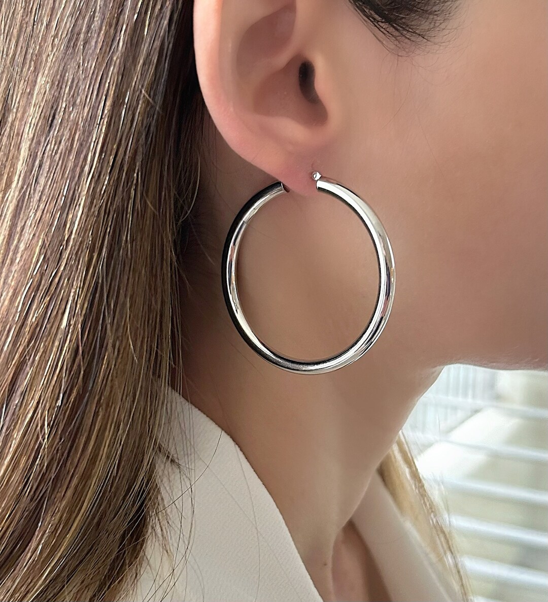 14k Medium White Gold Hoops, Medium Hoops, Snap Closure White Gold ...