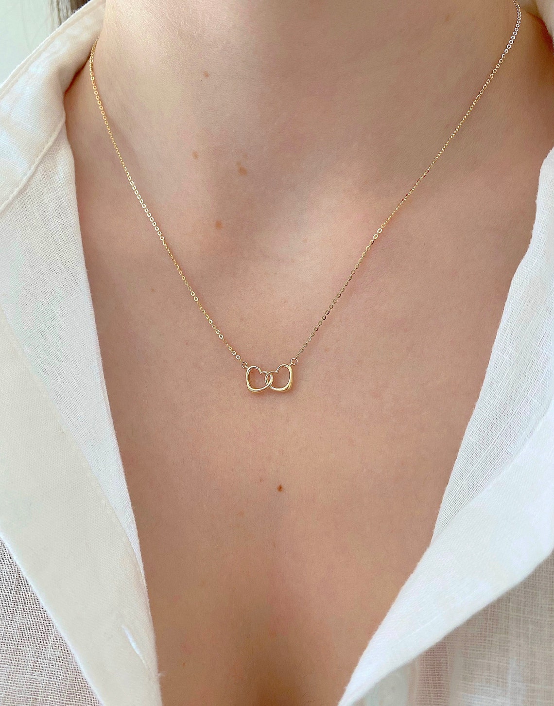 14K Solid Yellow Gold Double Heart Two Open Hearts Pendant - Etsy