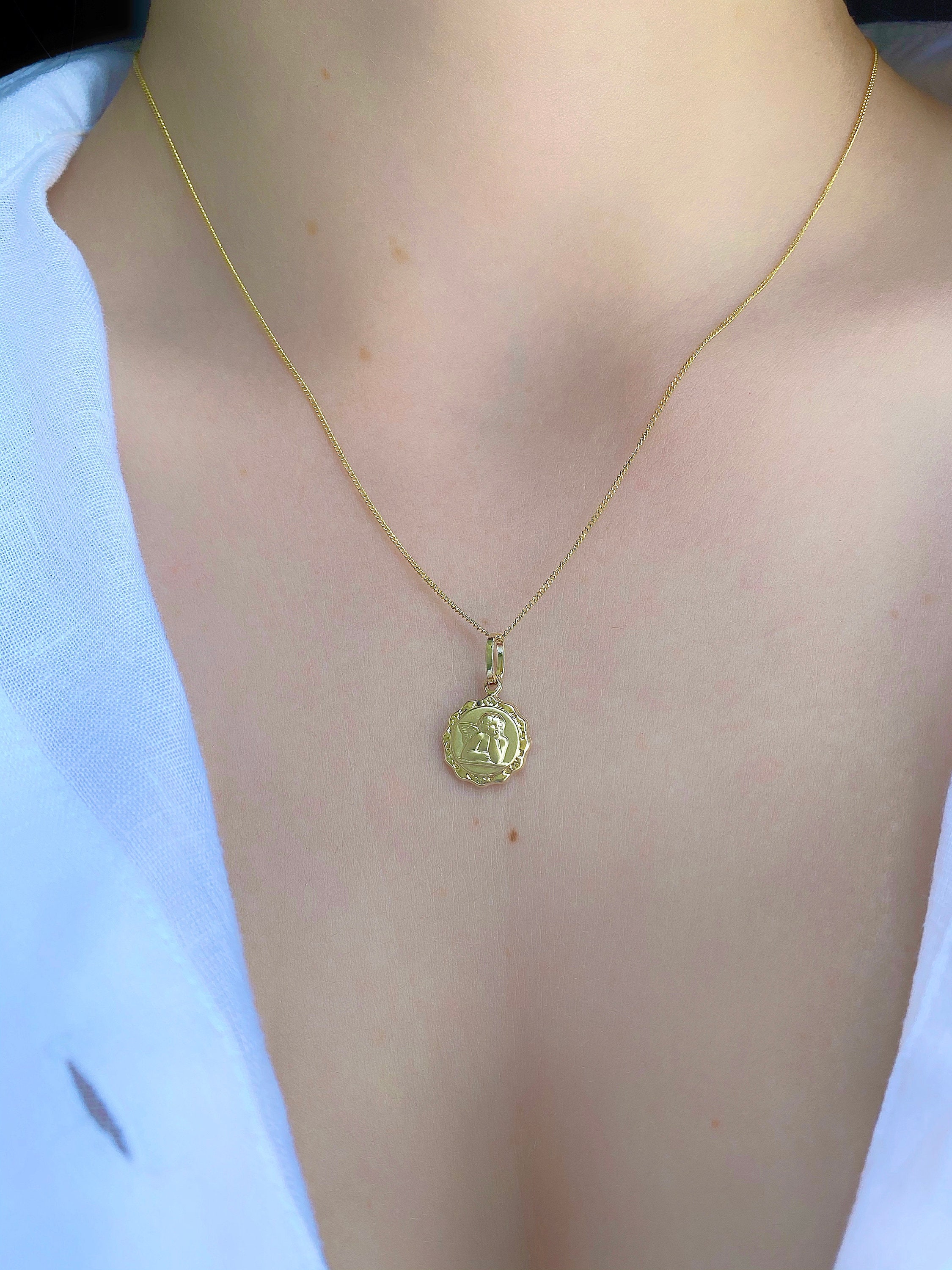 14k Solid Gold Guardian Angel Charm, Gold Baby Angel Medal Pendant ...