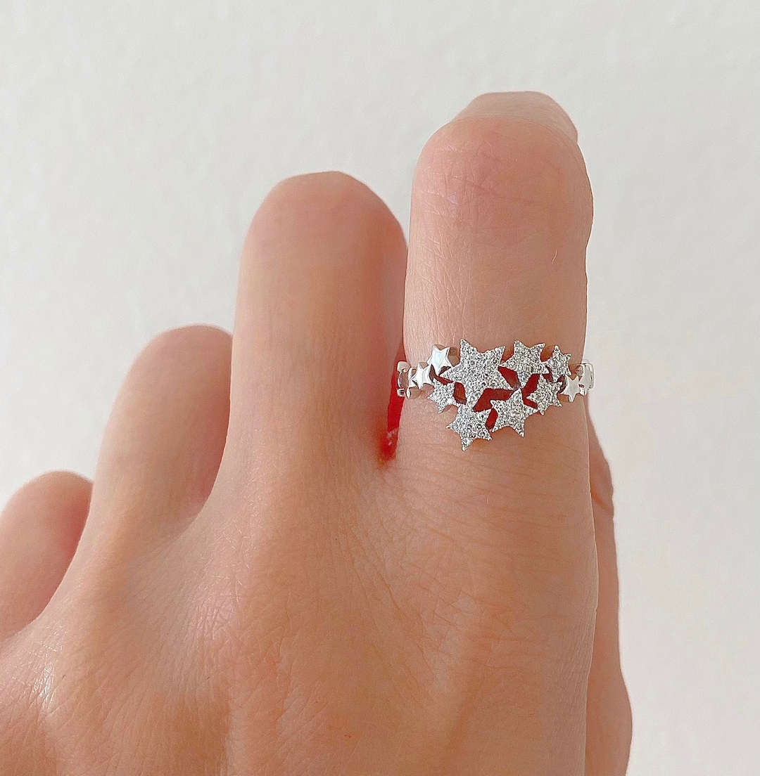 Diamond Star Ring 14K Solid White Gold Star Setting Diamond Ring ...