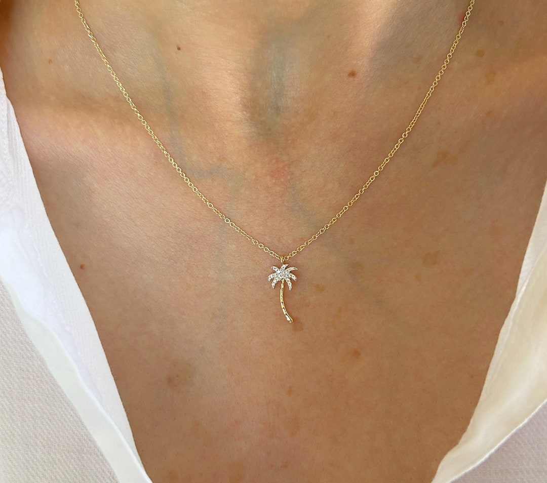 Diamond Palm Tree Necklace| 14K Solid Gold Summer Beach Jewelry ...