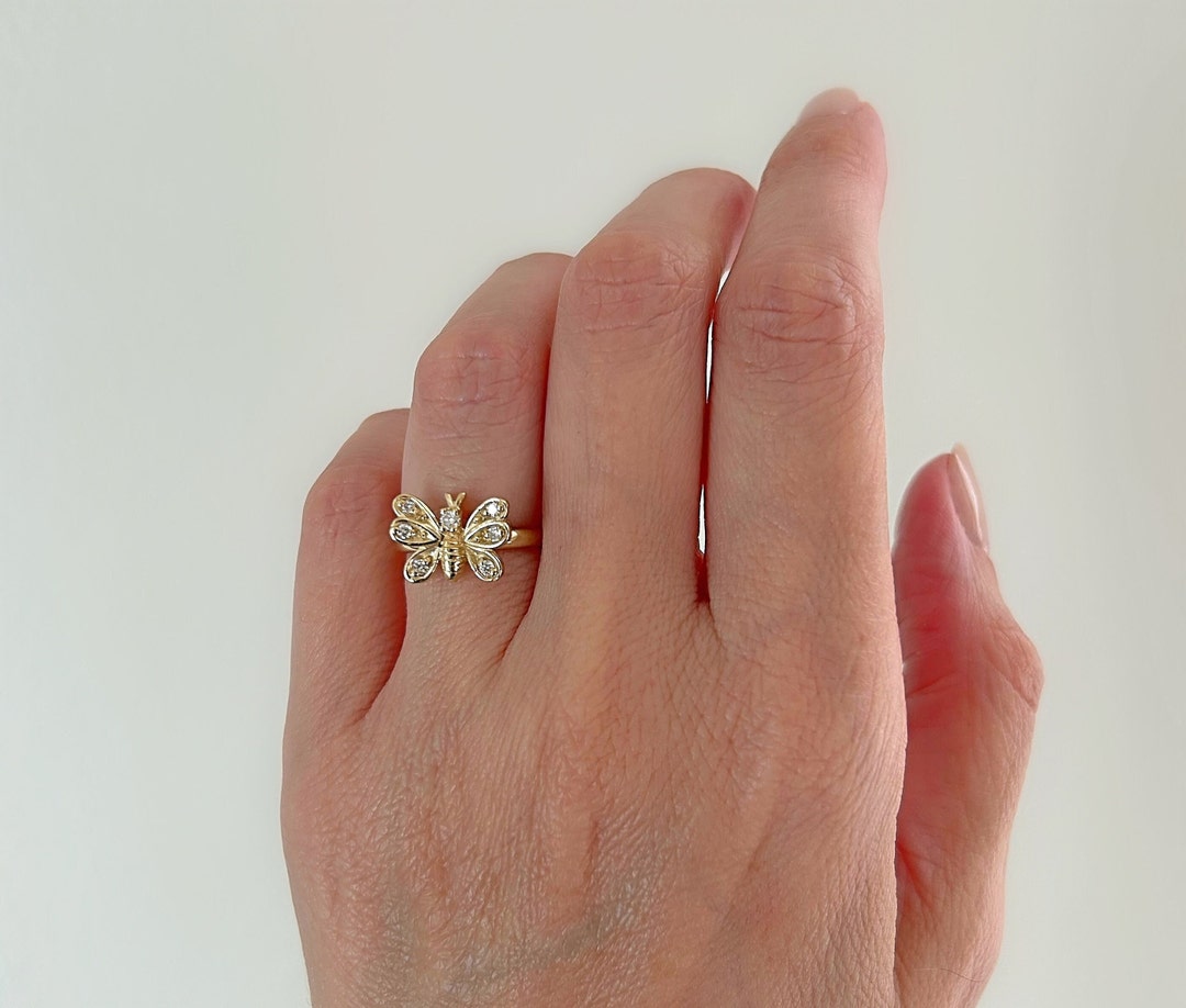 14K Solid Gold Dainty Butterfly Ring| Stackable Butterfly Ring ...