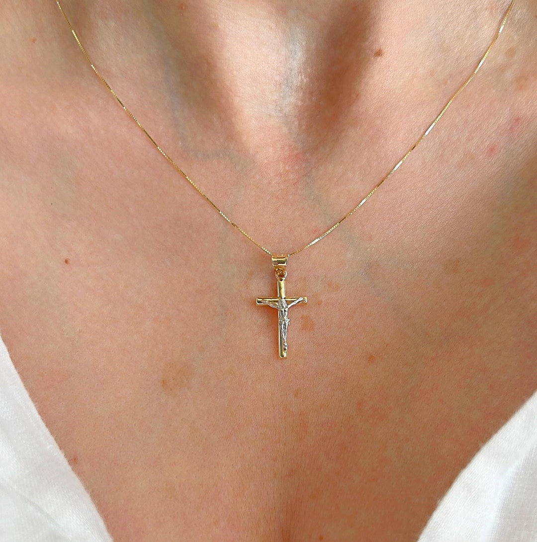 14K Solid Gold Two Tone Gold Crucifix Pendant| 14K Gold Cross ...
