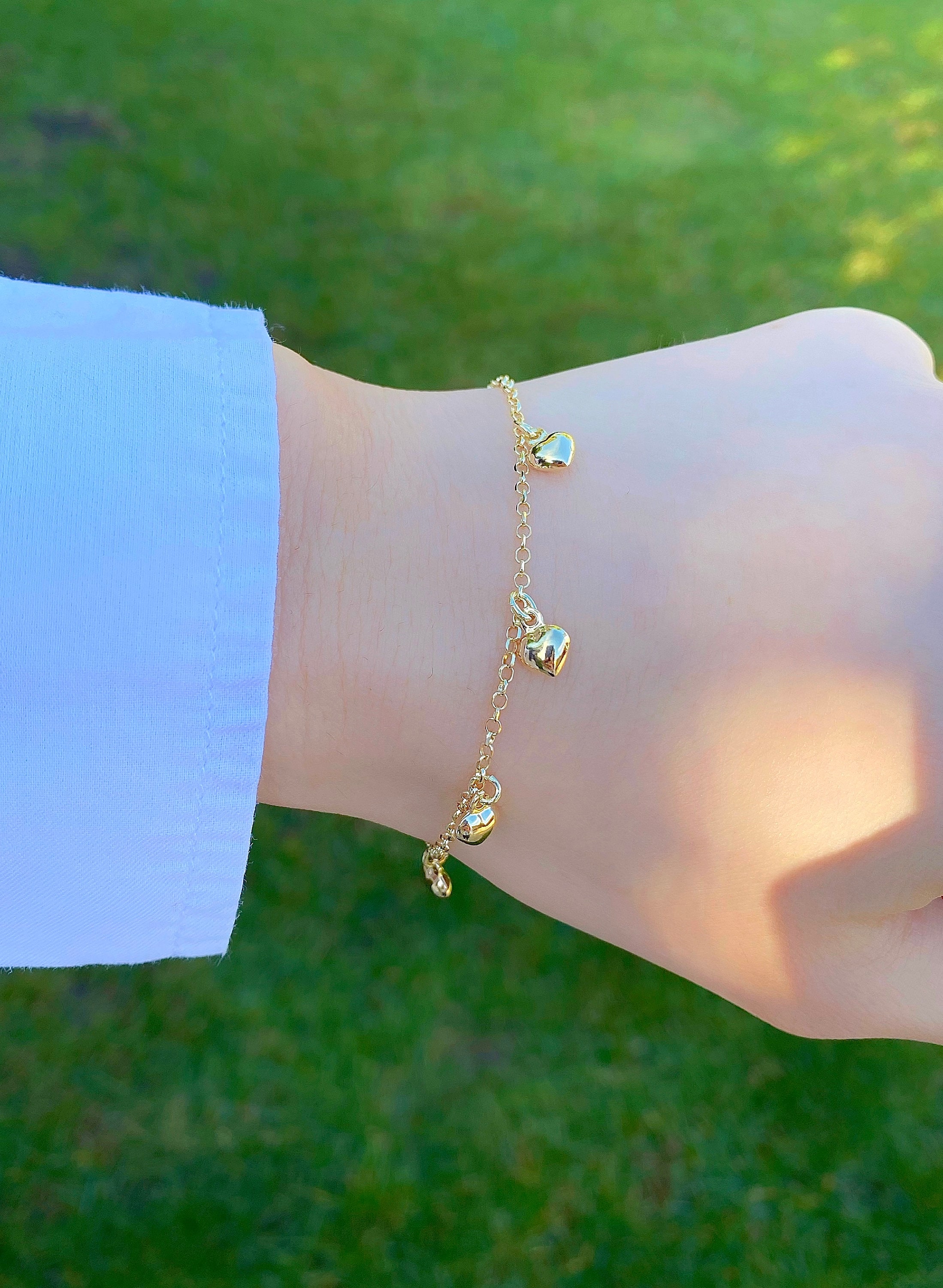 14K Gold Heart Charm Bracelet| 14K Solid Yellow Gold Heart Bracelet ...