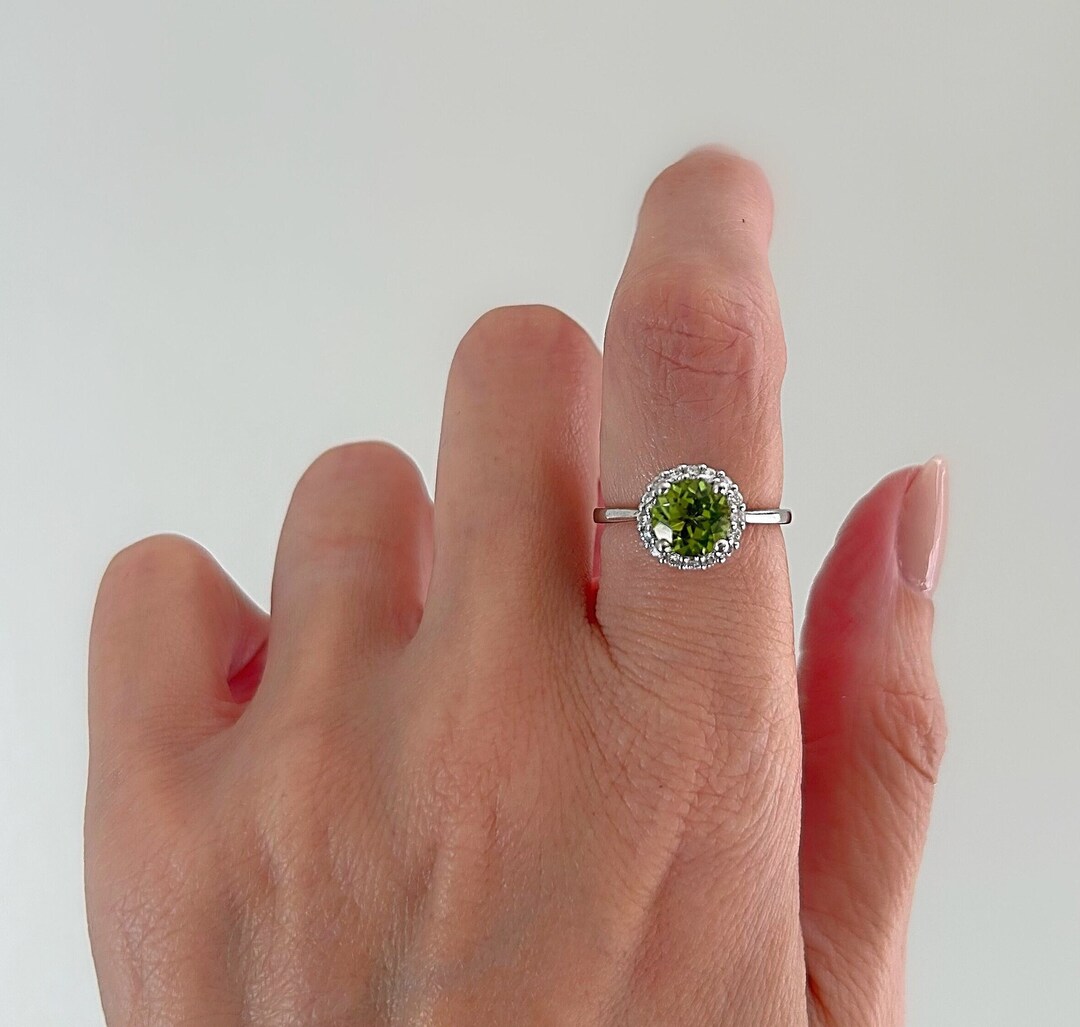 Peridot Ring| Genuine Peridot Ring With Diamond Halo in 14K Solid White ...