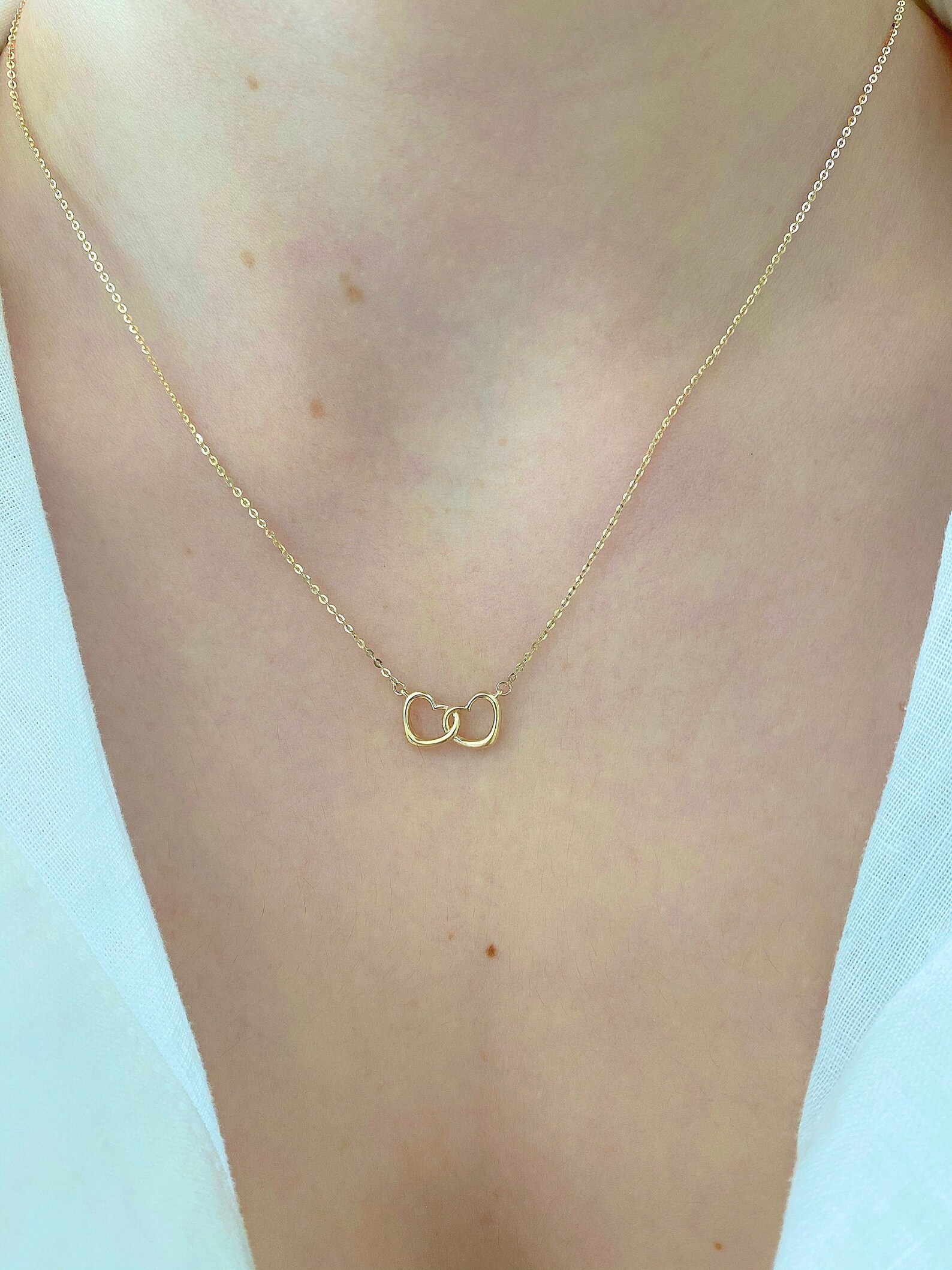 14K Solid Yellow Gold Double Heart Two Open Hearts Pendant Necklace ...