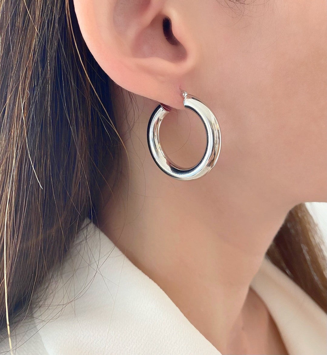 14k Medium White Gold Hoops, Medium Hoops, 1.25 Inch Gold Hoops,snap ...