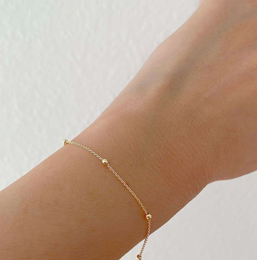 Tiny Gold Bracelet| 2mm Bead Station Cable Chain Bracelet in 14K Yellow ...