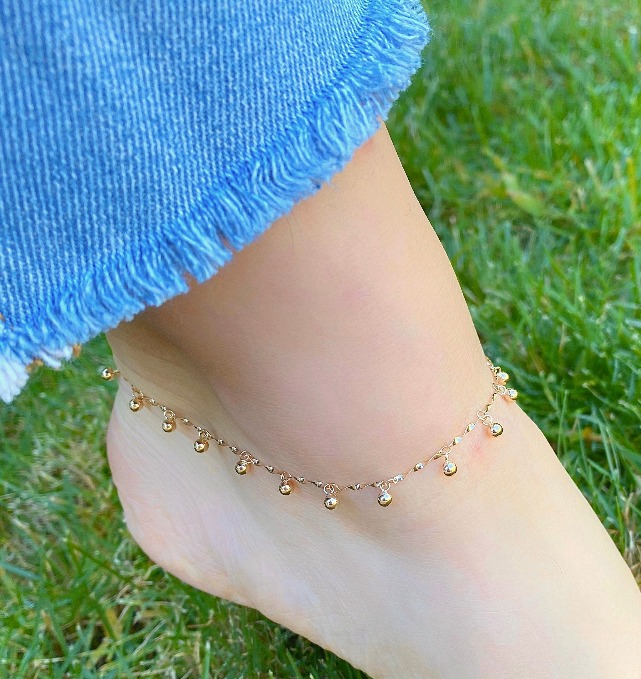 Solid 14K Yellow Gold Anklet Chain, 14K Gold Ball Anklet, 14K Gold ...