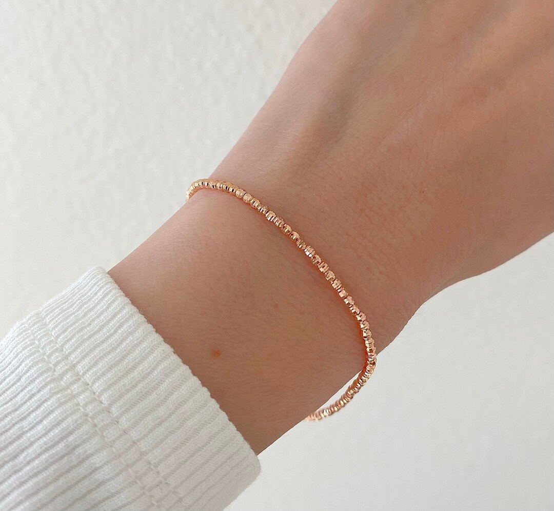 14K Rose Gold Moon Cut Ball Bead Bracelet 2MM| Diamond Cut Bead Link ...