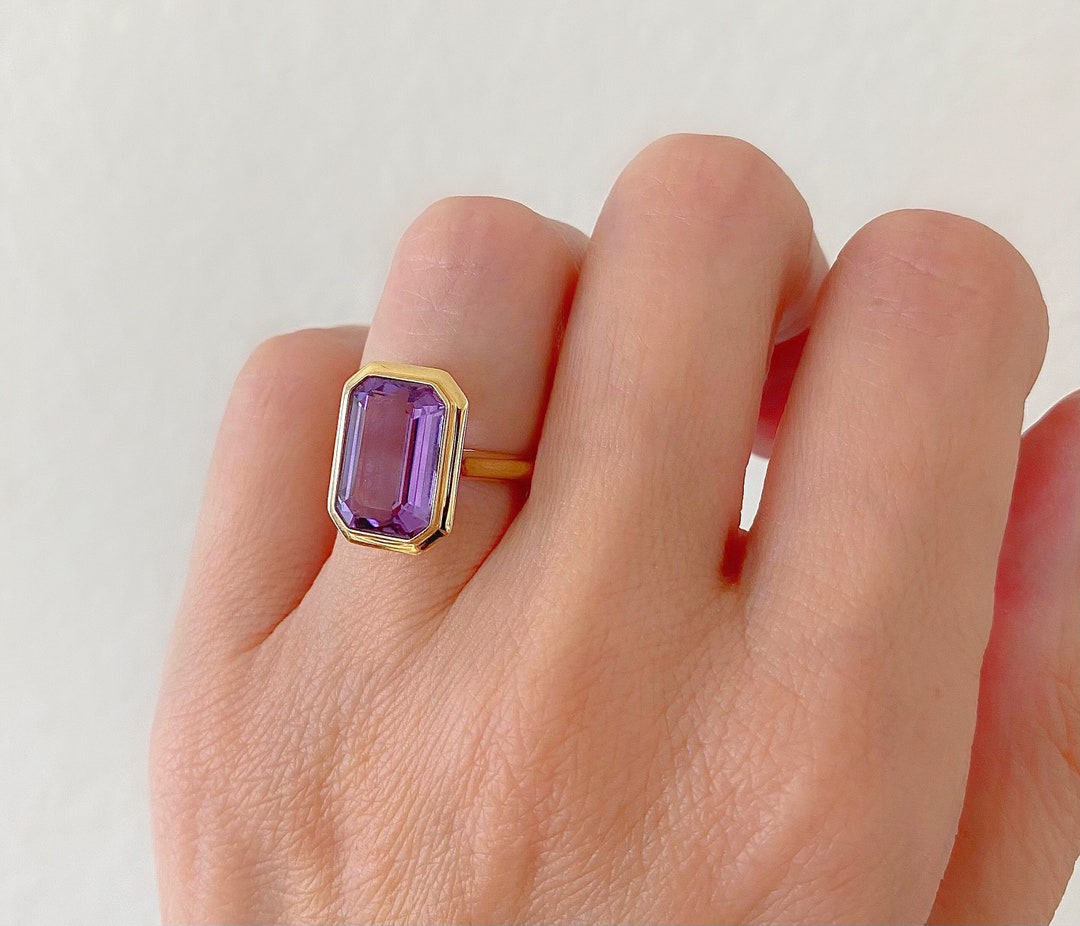 Rectangular Amethyst Ring| Bezel 8x12mm Radiant Cut Amethyst Ring in ...