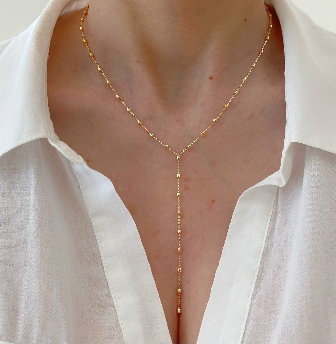 Solid Gold Bead Chain Lariat| 14K Gold Bead Chain Y Drop Necklace ...