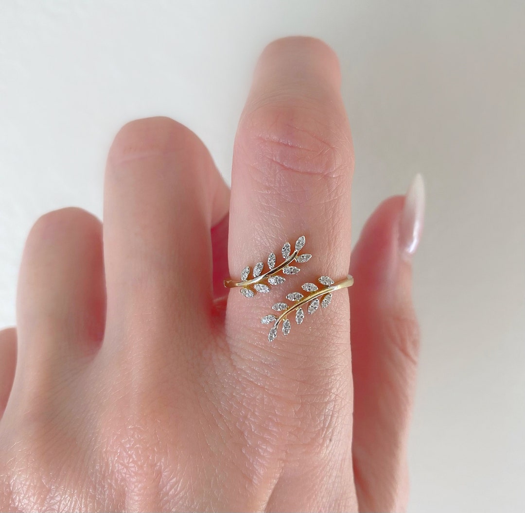 Diamond Open Leaf Ring| Vintage Marquise Diamond Leaf Engagement Ring| Nature Jewelry| Ivy Leaf ...