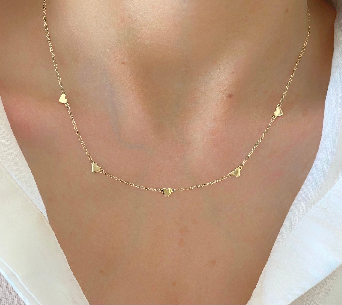 Heart Necklace| 14K Solid Gold Heart Station Necklace| Heart Layering ...