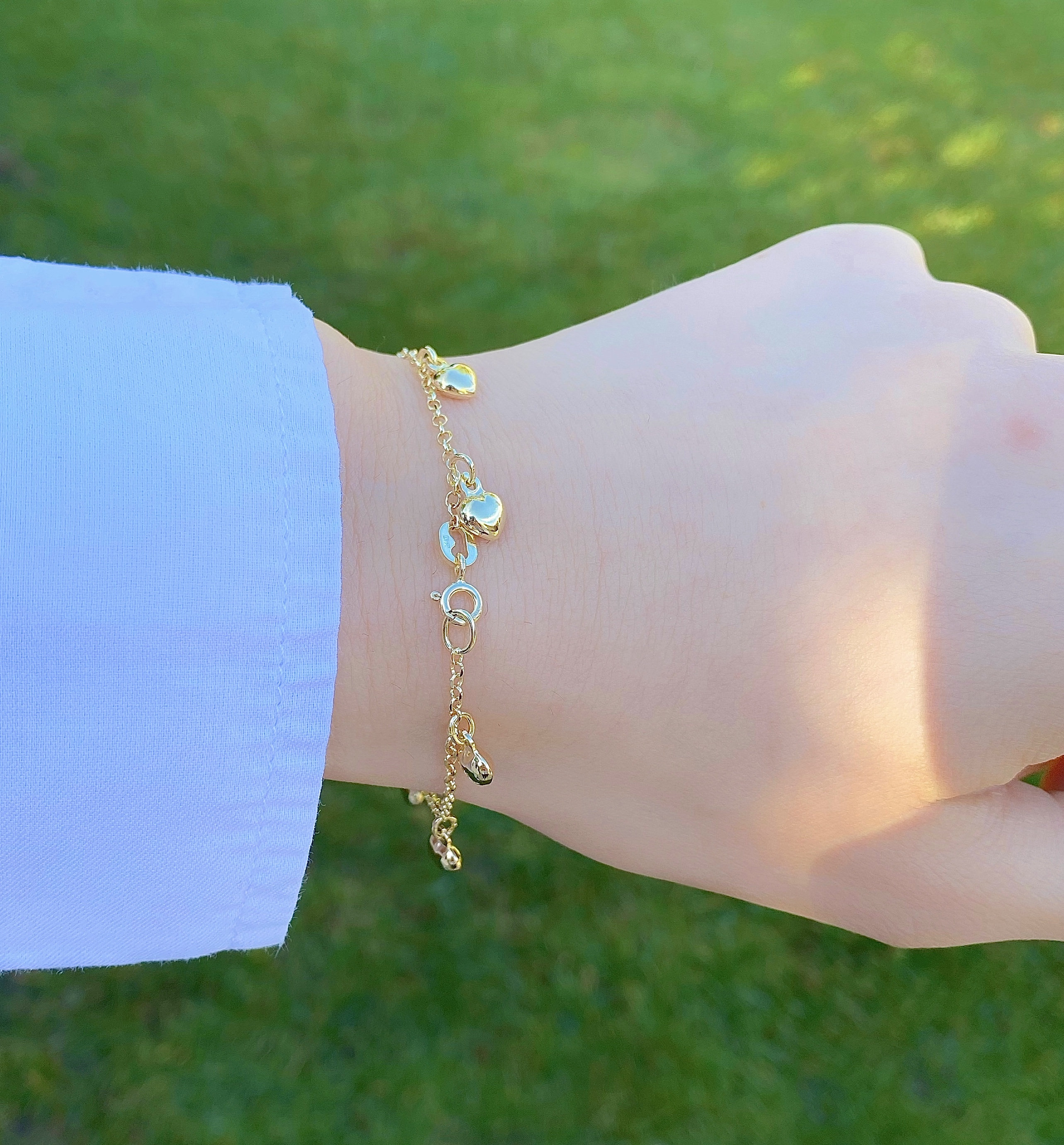 14K Gold Heart Charm Bracelet| 14K Solid Yellow Gold Heart Bracelet ...