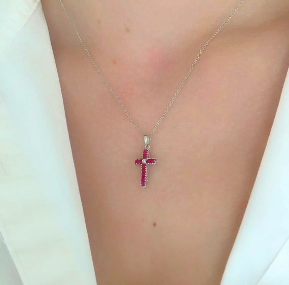 Ruby Cross Pendant Natural Ruby Solid 14k White Gold Cross - Etsy