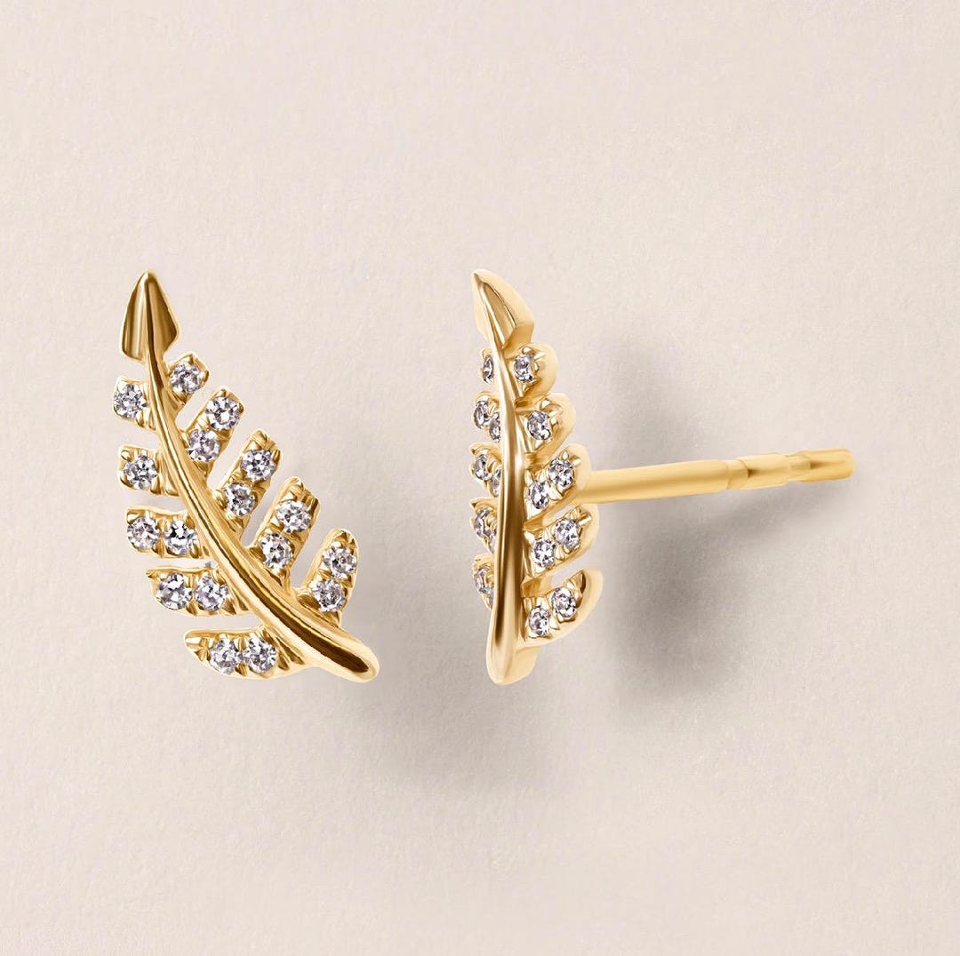 Leaf Diamond Earrings, 14K Yellow Gold Diamond Leaf Earring, Sideways ...
