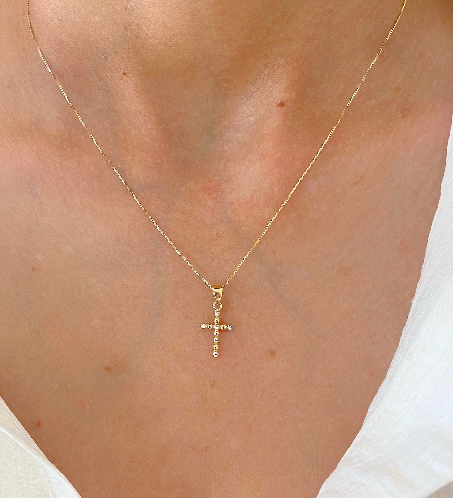 14K Gold Cross Pendant| Two Tone Cross Necklace| Small 14K Solid Gold ...