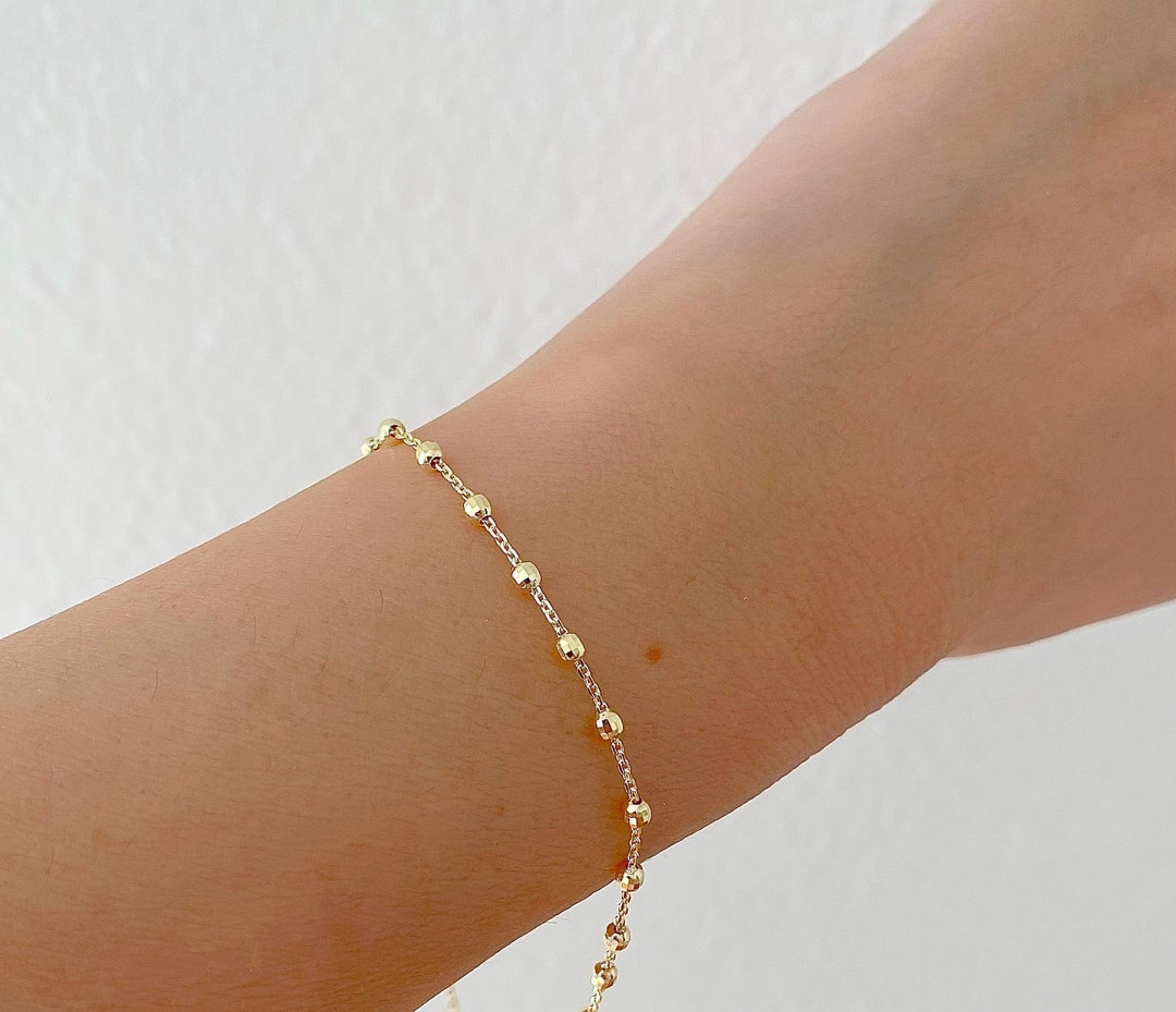 Tiny Gold Bracelet| 2.5mm Diamond Cut Bead Adjustable Chain Bracelet in ...