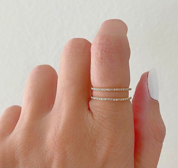 14K Diamond Double Row Ring 14K Diamond Stacking Ring Real | Etsy