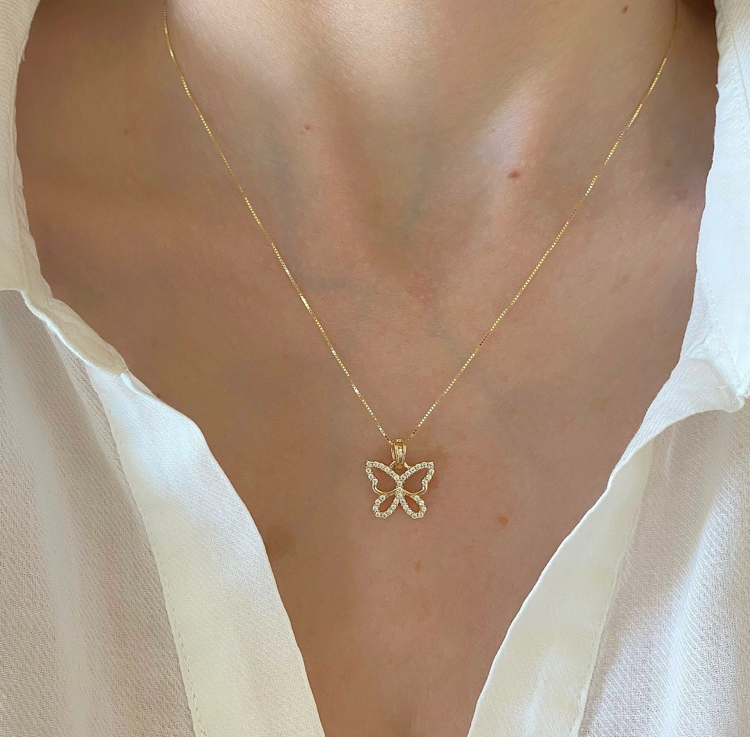 14K Solid Yellow Gold Butterfly Necklace With Cubic Zirconia| Real ...