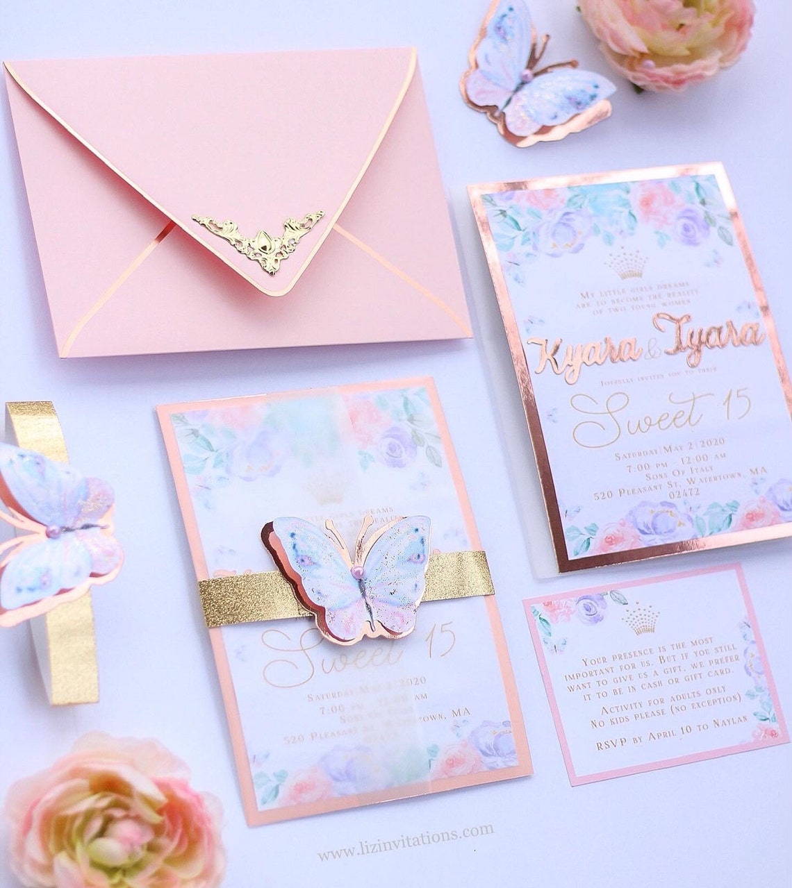 25 cts / Oro rosa y mariposa floral e invitaciones para | Etsy