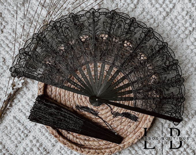 Large Victorian Black Silk & Lace Hand Fan, Antique 1890s Carved Wood ...
