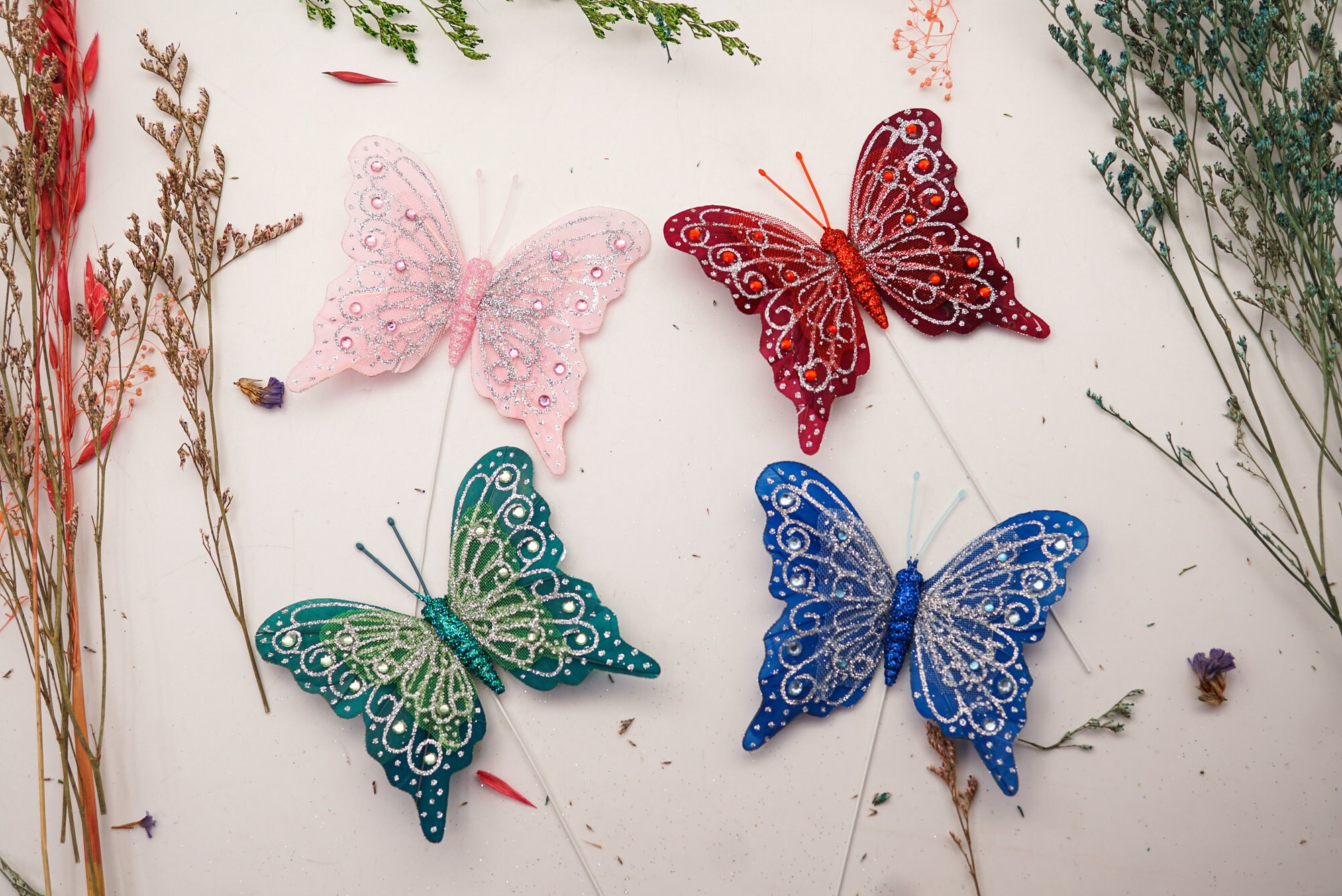 4 Inch Wing Pastel Mixed Monarch Feather Butterflies W Silver Glitter ...
