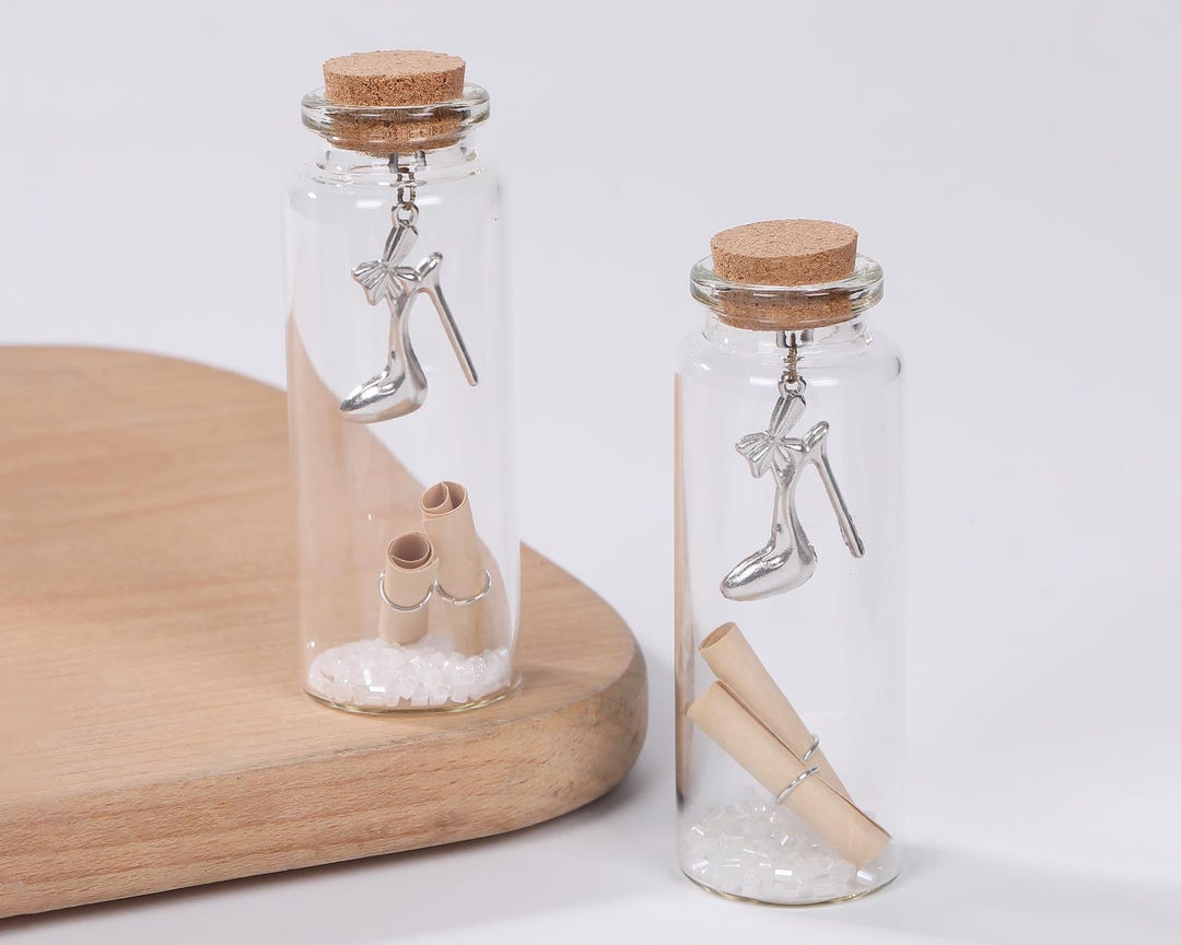 12 PC Silver High Heel Charm Wishing Jar Glass Bottle Cork Lid ...