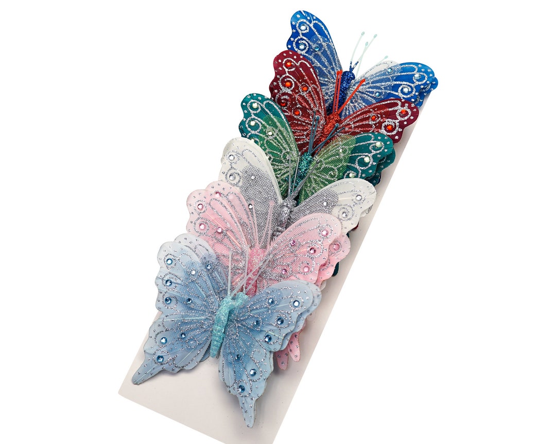 4 Inch Wing Pastel Mixed Monarch Feather Butterflies W Silver Glitter ...