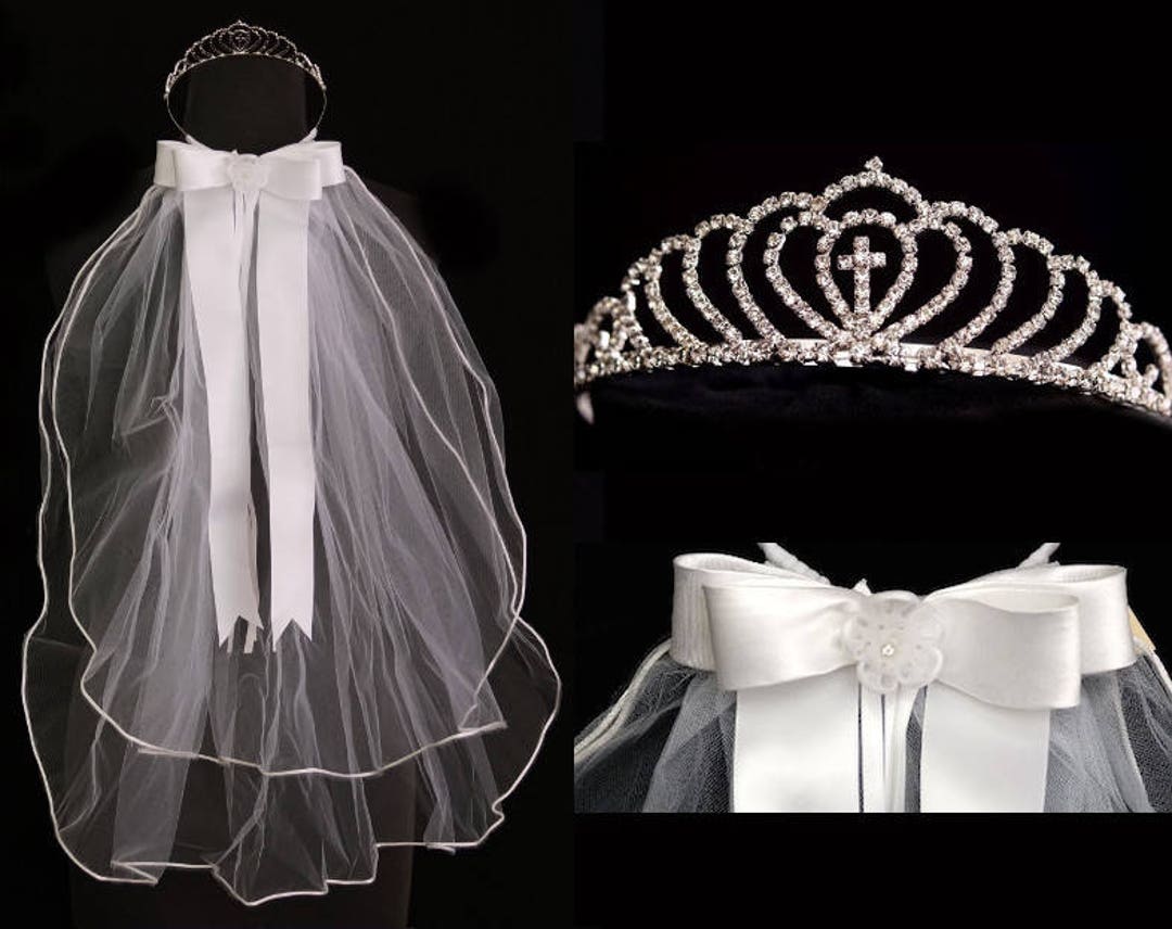 First Communion Tiara With Veil - Rhinestone Cross First Communion Veil ...