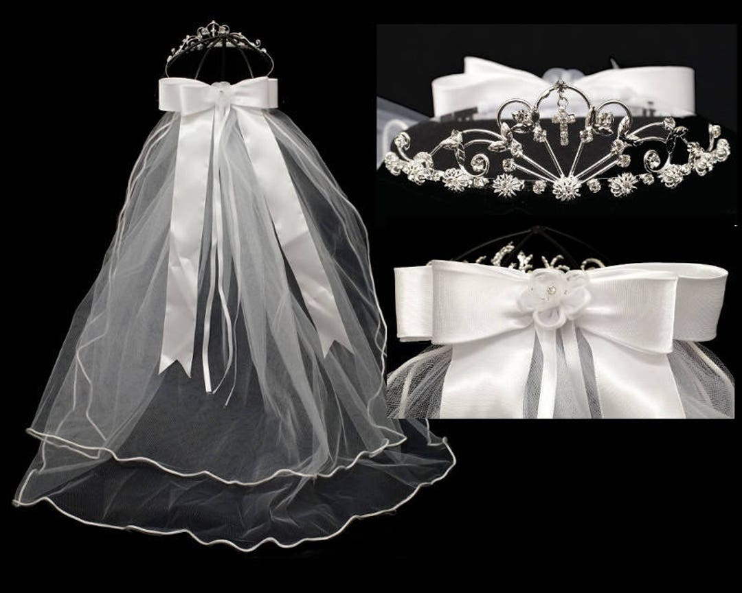 Girls First Communion Tiara With Veil - Rhinestone First Communion Veil ...