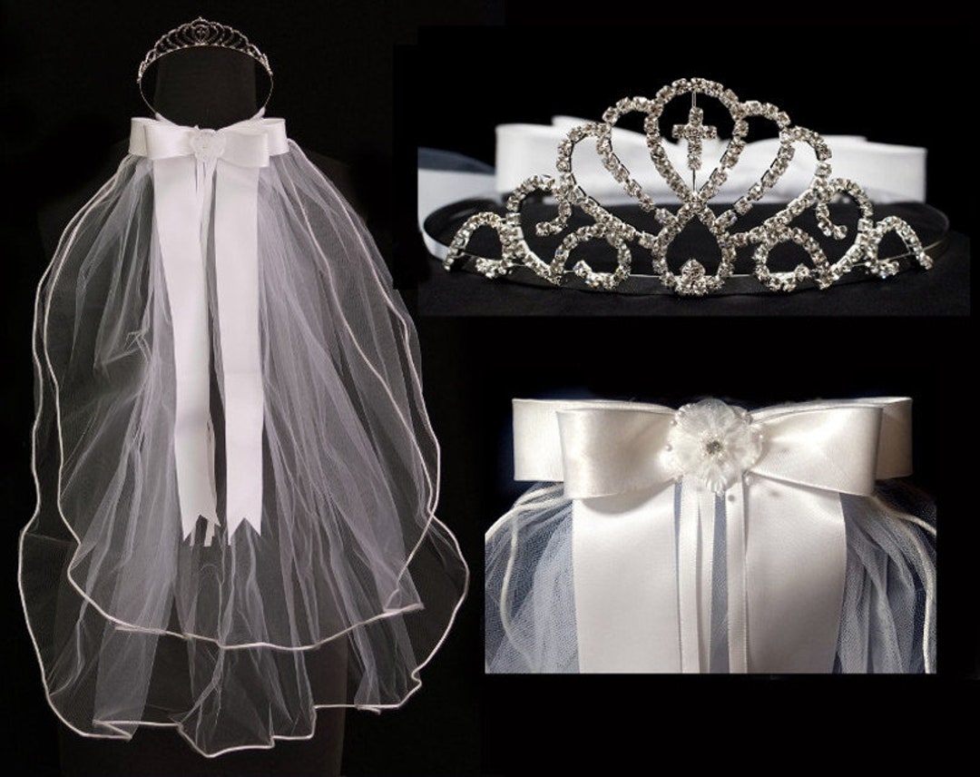 Girls Holy First Communion Tiara With Veil - Rhinestone Cross First ...