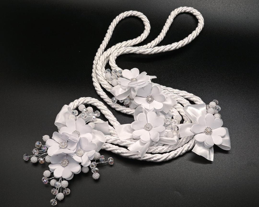 White Wedding Lasso - Chiffon Flower Wedding Lasso With Pearl - Lazo De ...