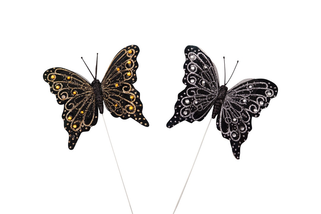 4 Inch Wing Black Mixed Monarch Feather Butterflies W Gold + Silver ...