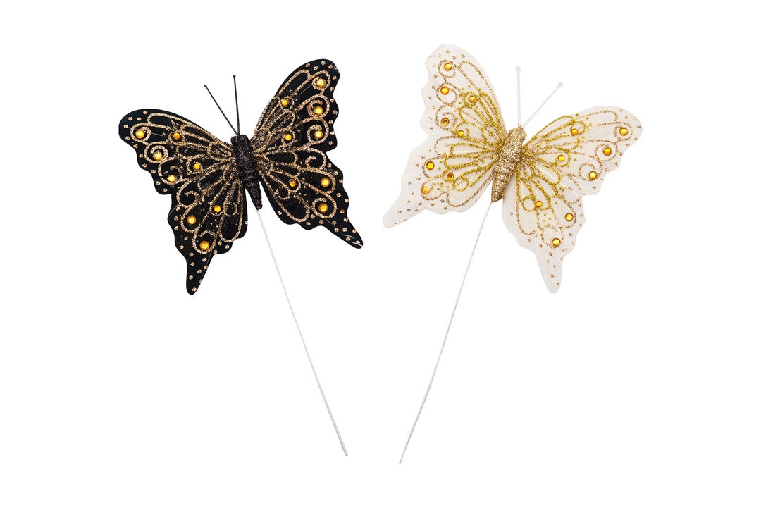 4 Inch Wing Black and White Mixed Monarch Feather Butterflies W Gold ...