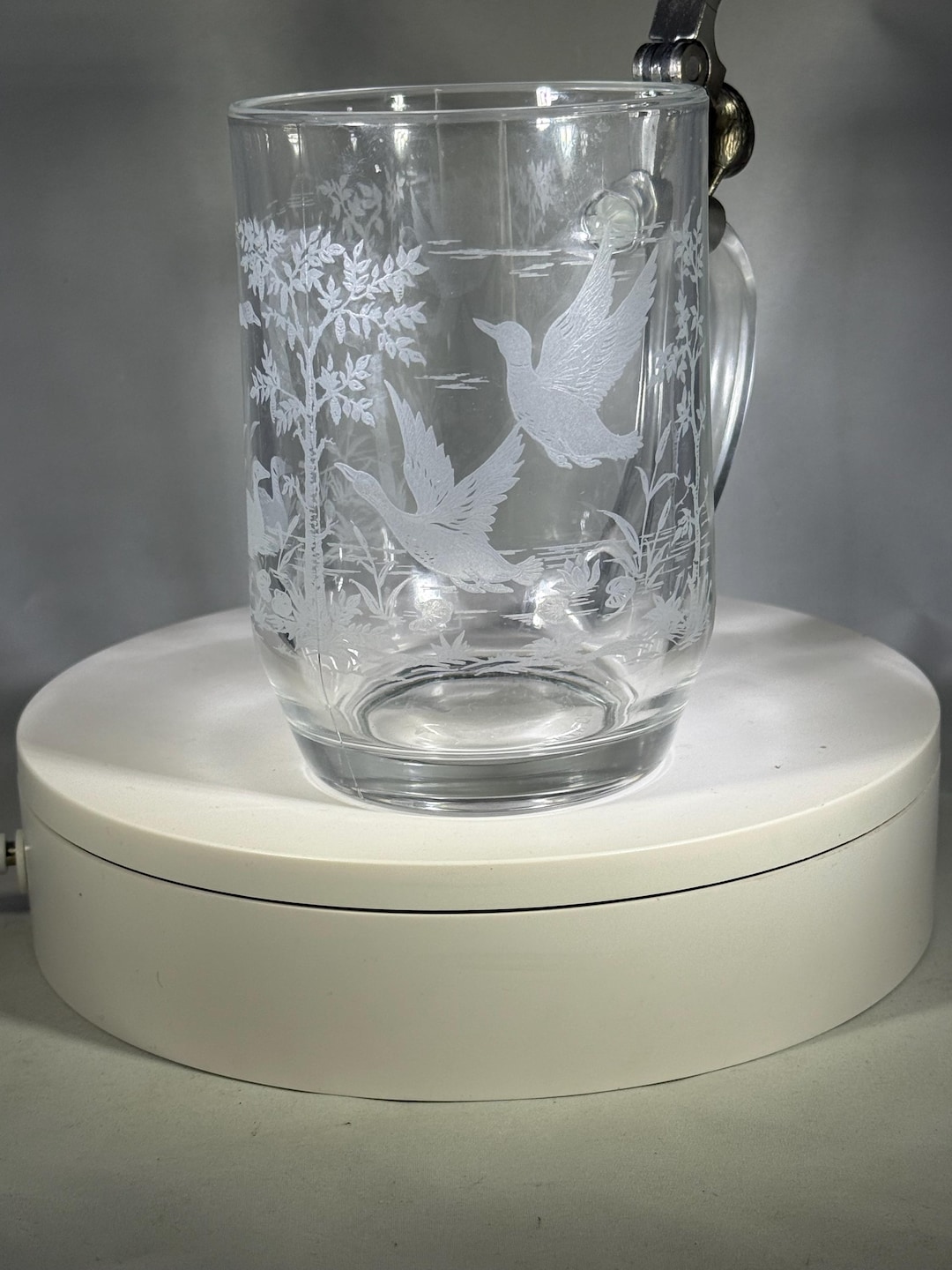 Vintage Crystal Beer Stein With Pewter Lid, Etched Duck & Nature Scene ...