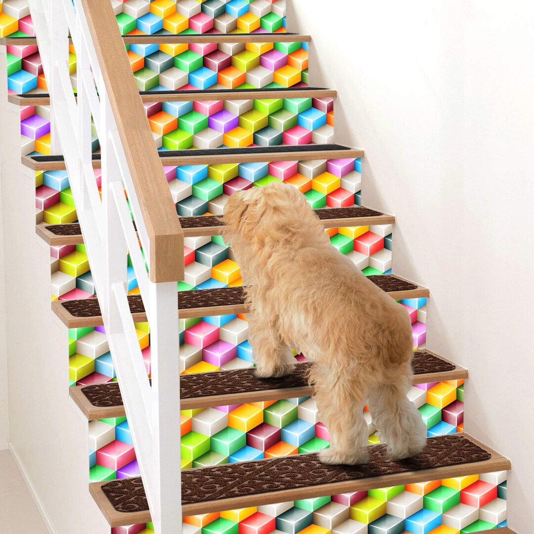 Stair Riser Panels Bright Geometric Pattern/ Vinyl Mosaic of Colored ...