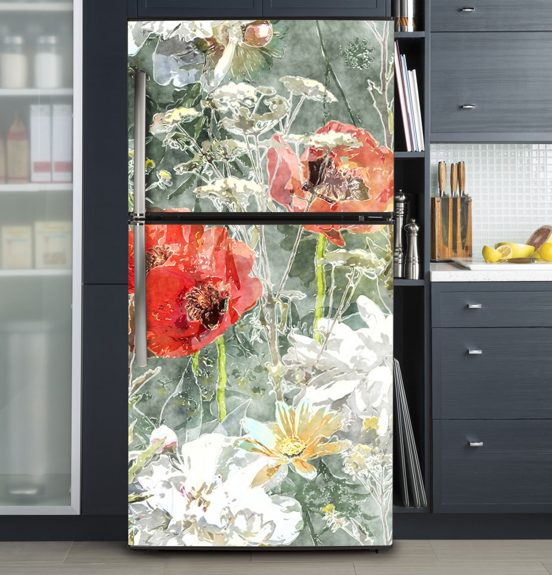 Fridge Wrap Vintage Watercolor Flowers/ Floral Fridge Decal /retro ...