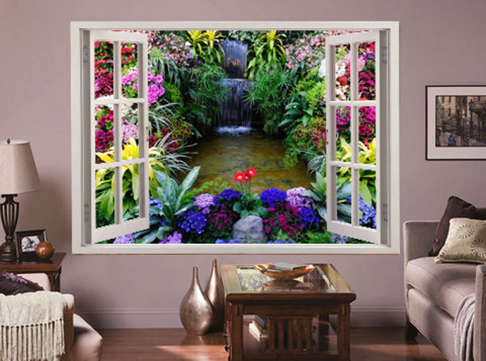3D Wall Sticker Window Waterfall in the Garden/ 3D Window Wall Decal ...