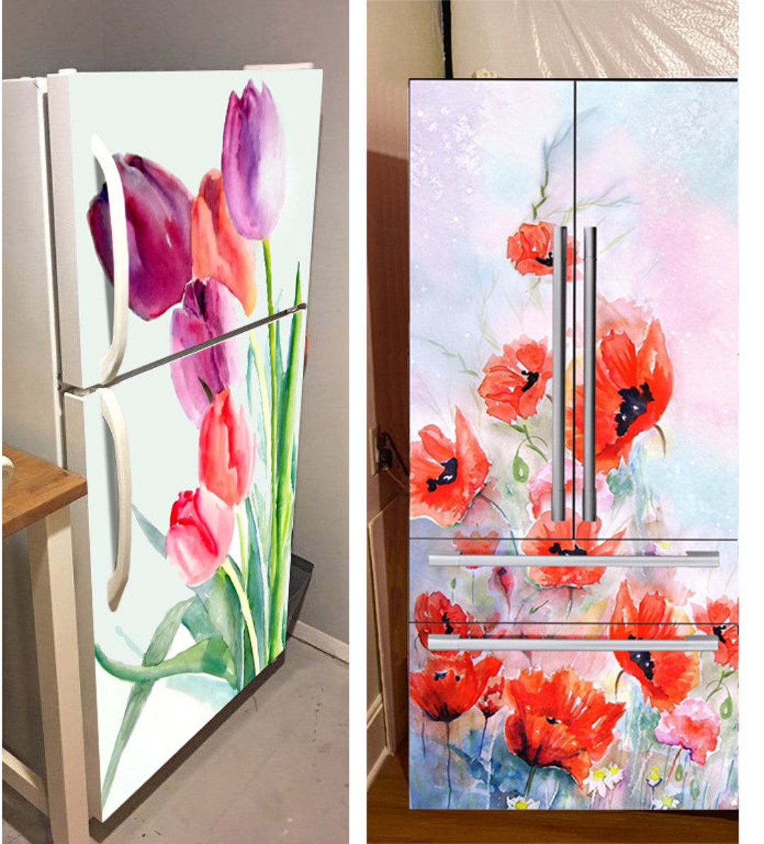 Fridge Vinyl Sticker *red Poppies* and *tulips*/ Refrigerator Wrap ...